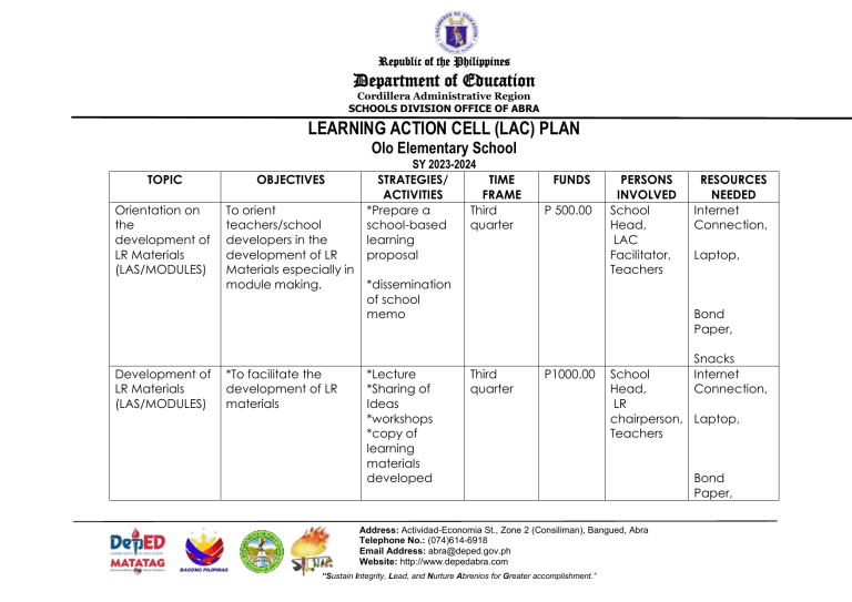 Olo Elementary School LAC Plan: LR Materials Development