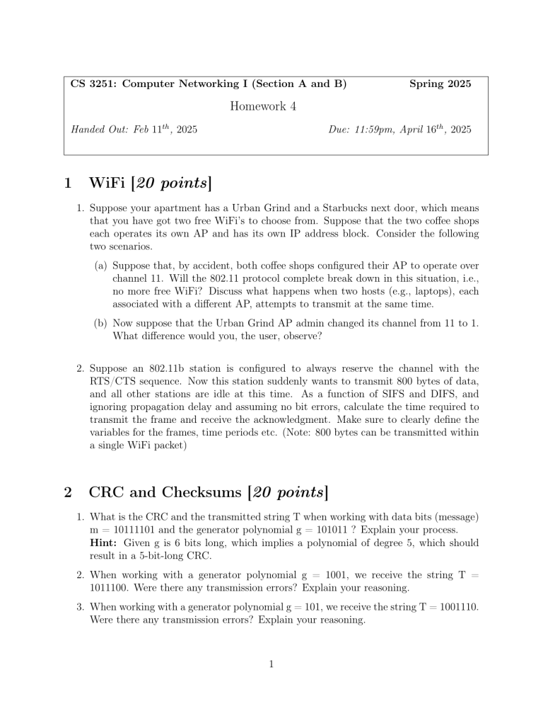 Computer Networking Homework 4: WiFi, CRC, Link Layer