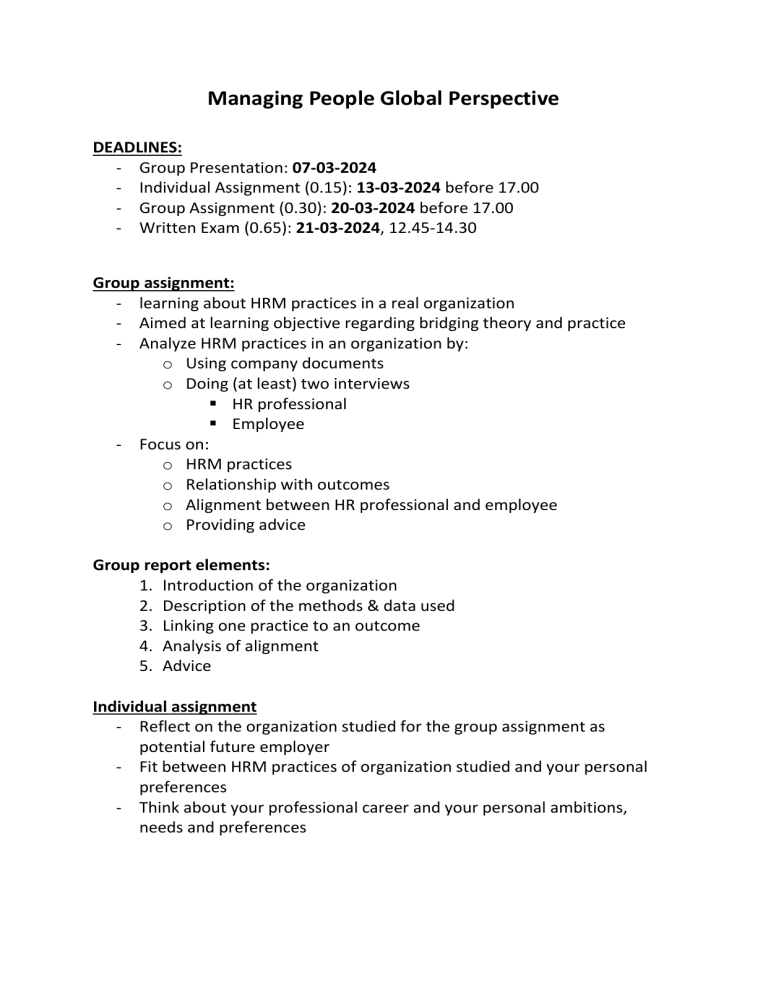 Managing People Global Perspective: HRM Practices & Assignments