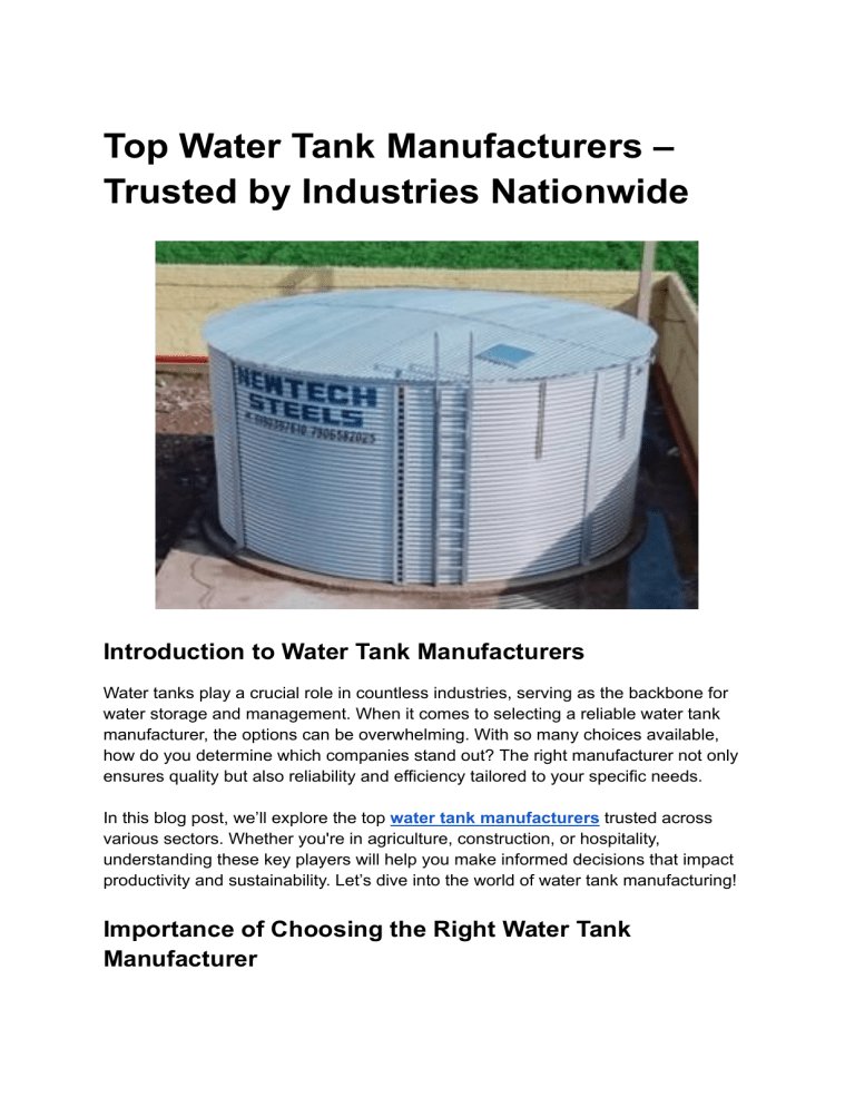 Top Water Tank Manufacturers: A Guide for Industries