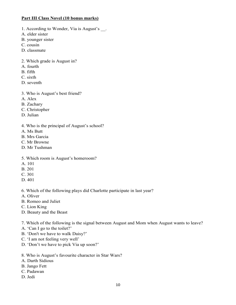 Wonder Novel Test: Character & Plot Questions