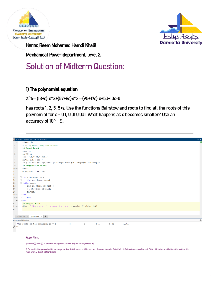 Mechanical Power Midterm Solution: Polynomials & Curve Fitting