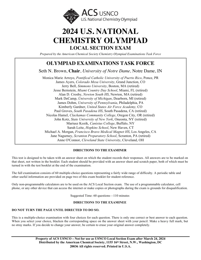 2024 US National Chemistry Olympiad Local Section Exam