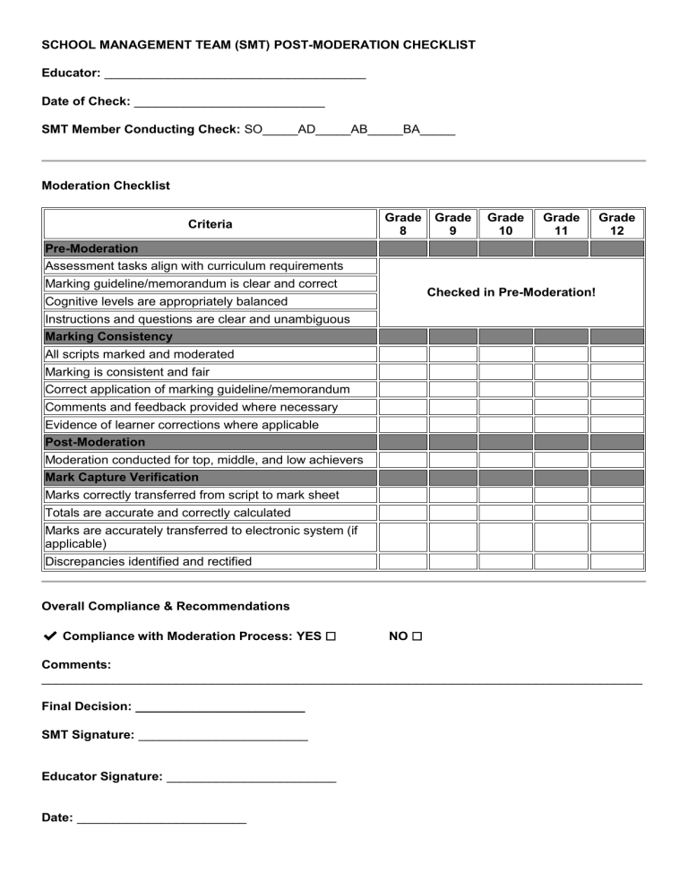 SMT Post-Moderation Checklist Grades 8-12