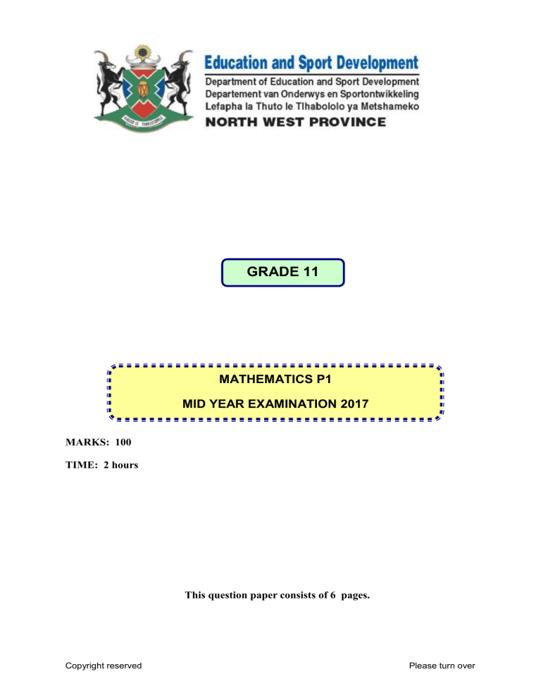 Grade 11 Mathematics P1 Mid-Year Exam 2017