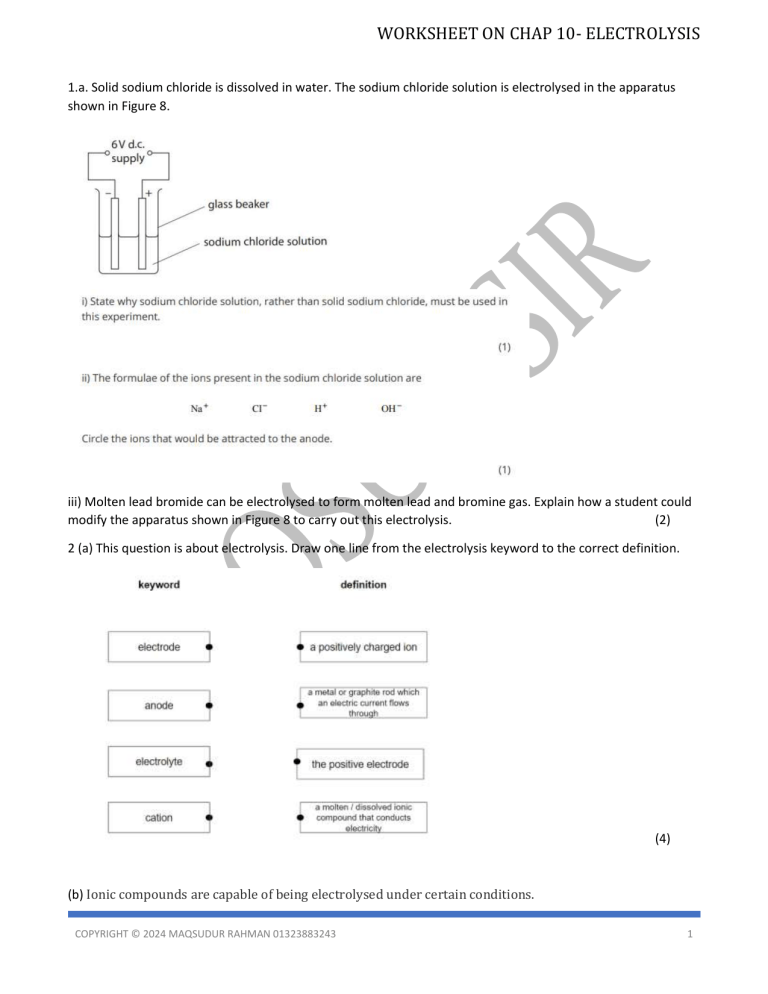 Electrolysis Worksheet: GCSE Chemistry Practice