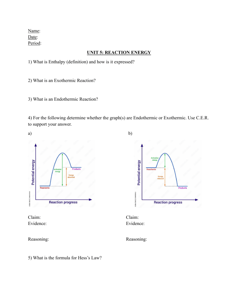 Chemistry Reaction Energy Worksheet: Enthalpy, Kinetics & Rate Laws
