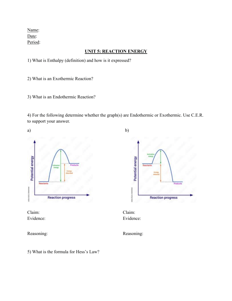 Reaction Energy Worksheet: Enthalpy, Rates, and Laws