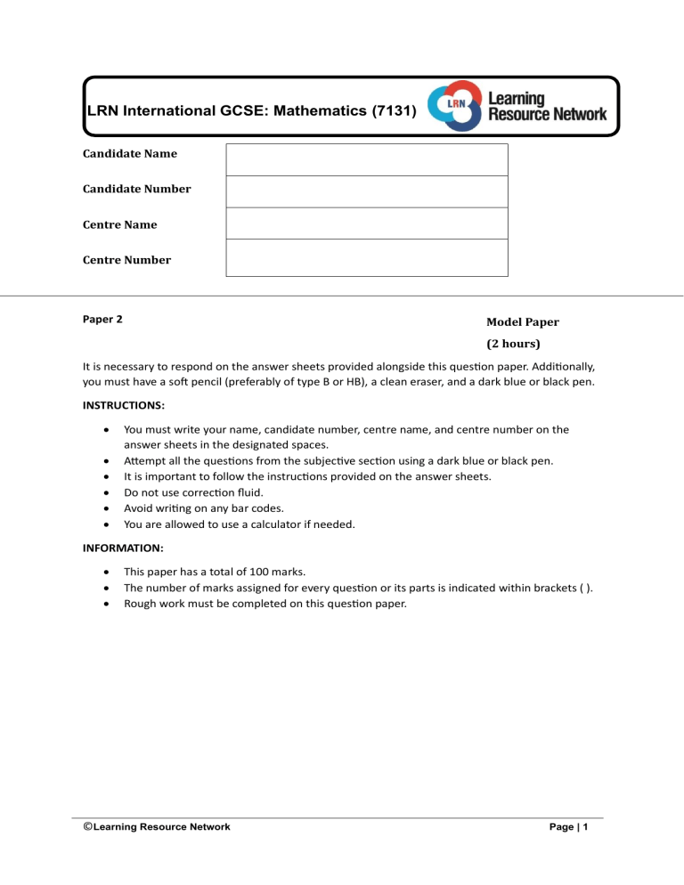 IGCSE Mathematics Exam Paper - Model Paper