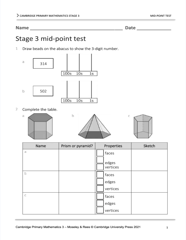 Stage 3 Math Mid-Point Test: Numbers, Geometry, Measurement