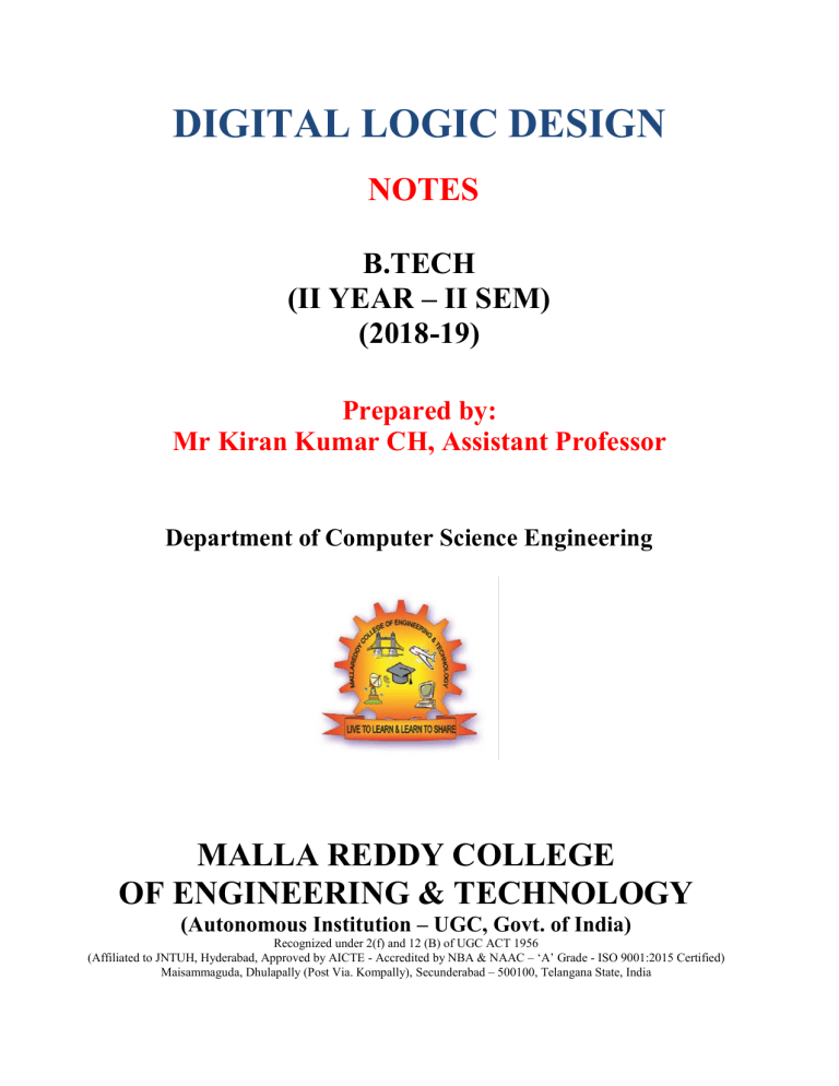 Digital Logic Design Notes - B.Tech CSE Course