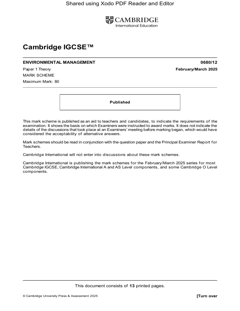 IGCSE Environmental Management 0680/12 Mark Scheme