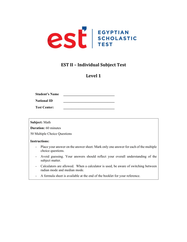 Math Level 1 Test - 50 Multiple Choice Questions