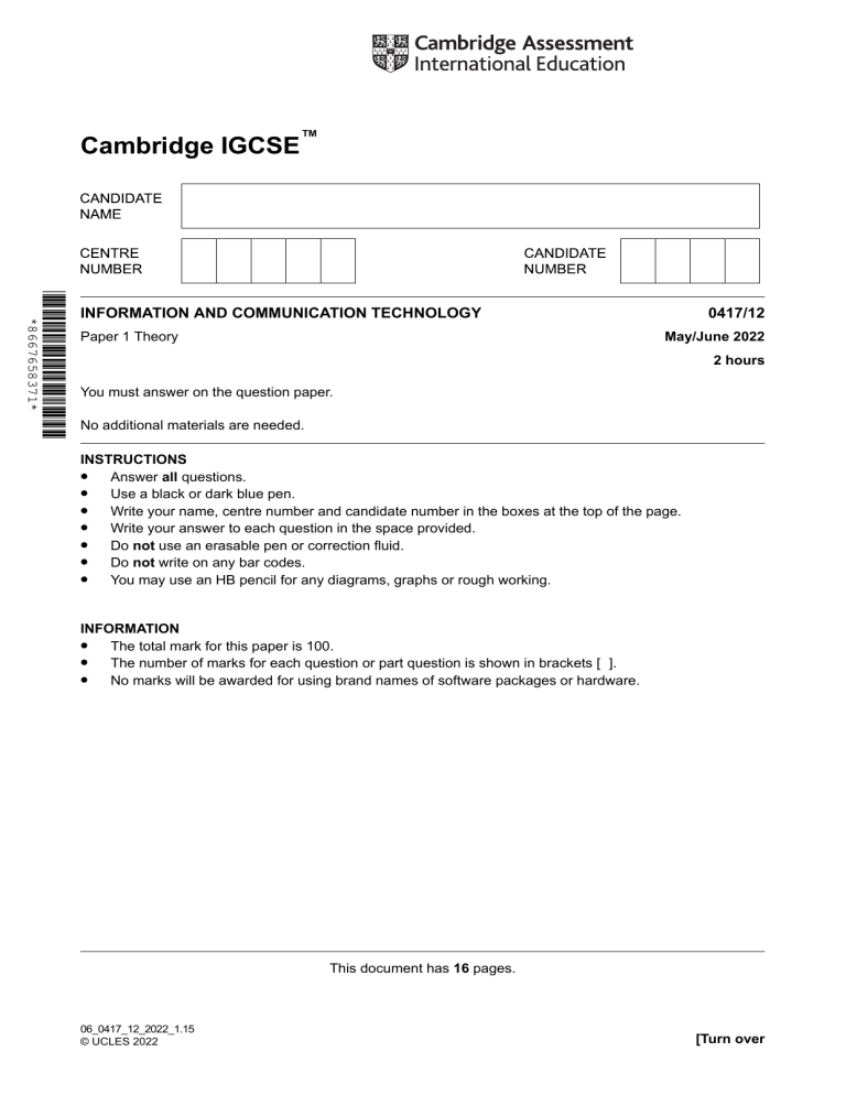 IGCSE ICT Paper 1 Theory Exam - May/June 2022