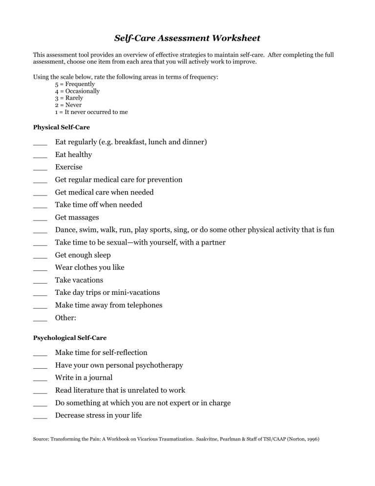 Self-Care Assessment Worksheet