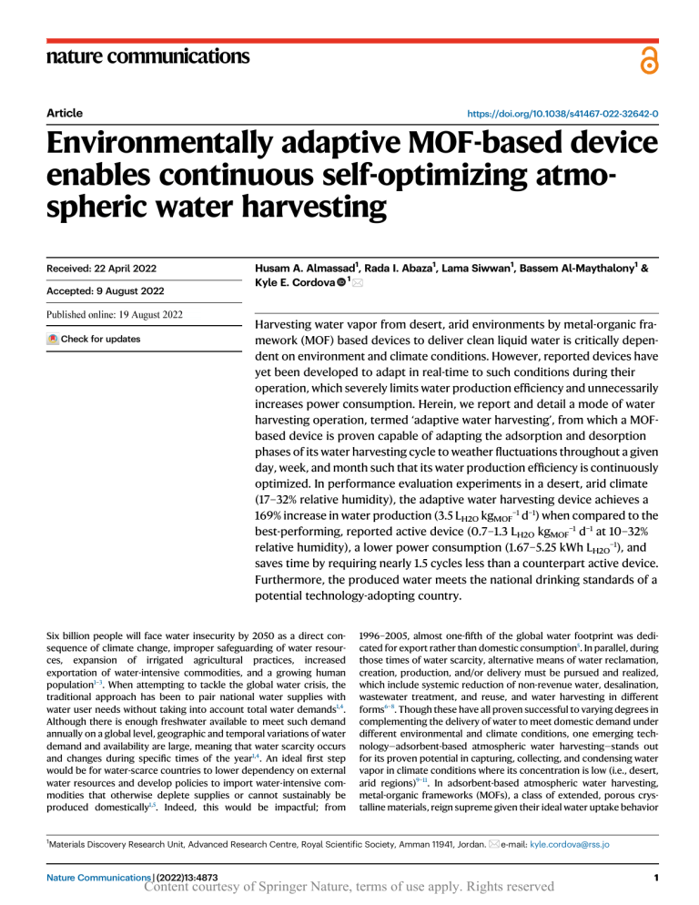 Adaptive Water Harvesting: MOF-Based Device