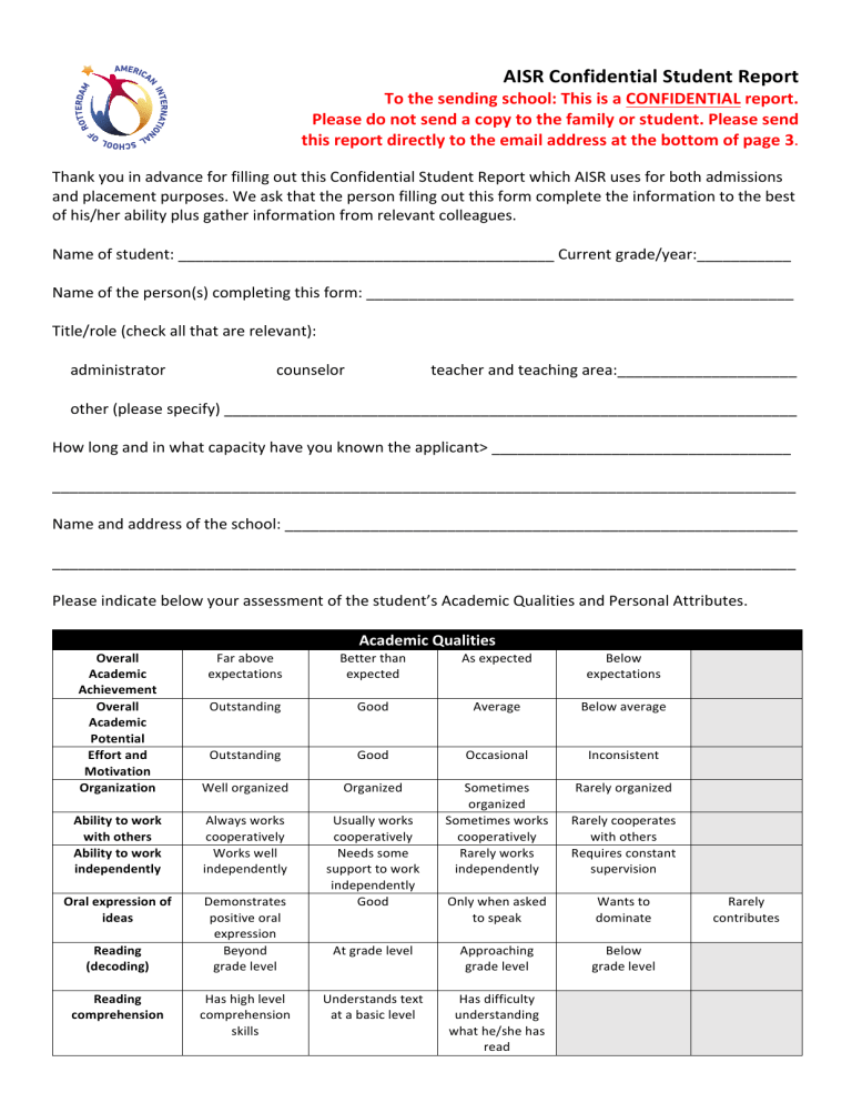 AISR Confidential Student Report: Admissions & Placement