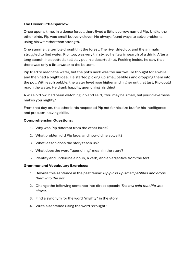 The Clever Little Sparrow: Story & Exercises