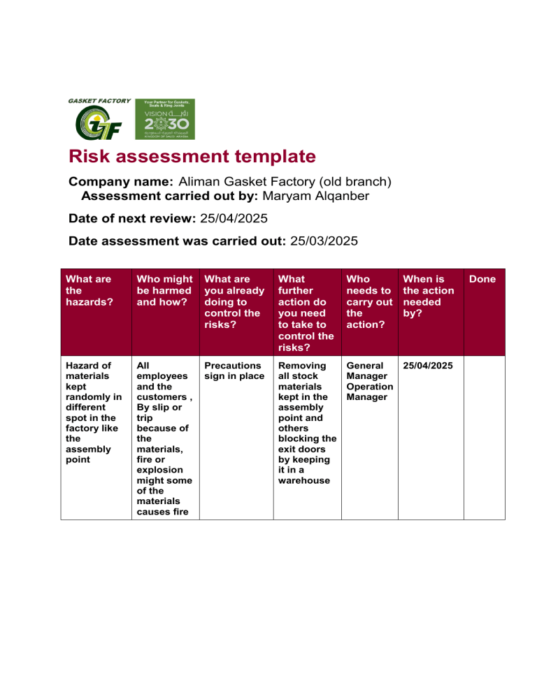 Risk Assessment Template - Aliman Gasket Factory