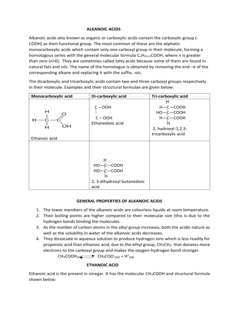 Alkanoic Acids: Properties, Preparation & Uses