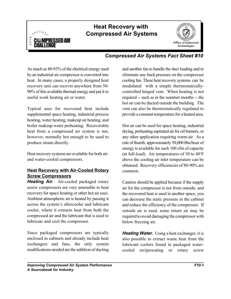 Heat Recovery from Compressed Air Systems Fact Sheet