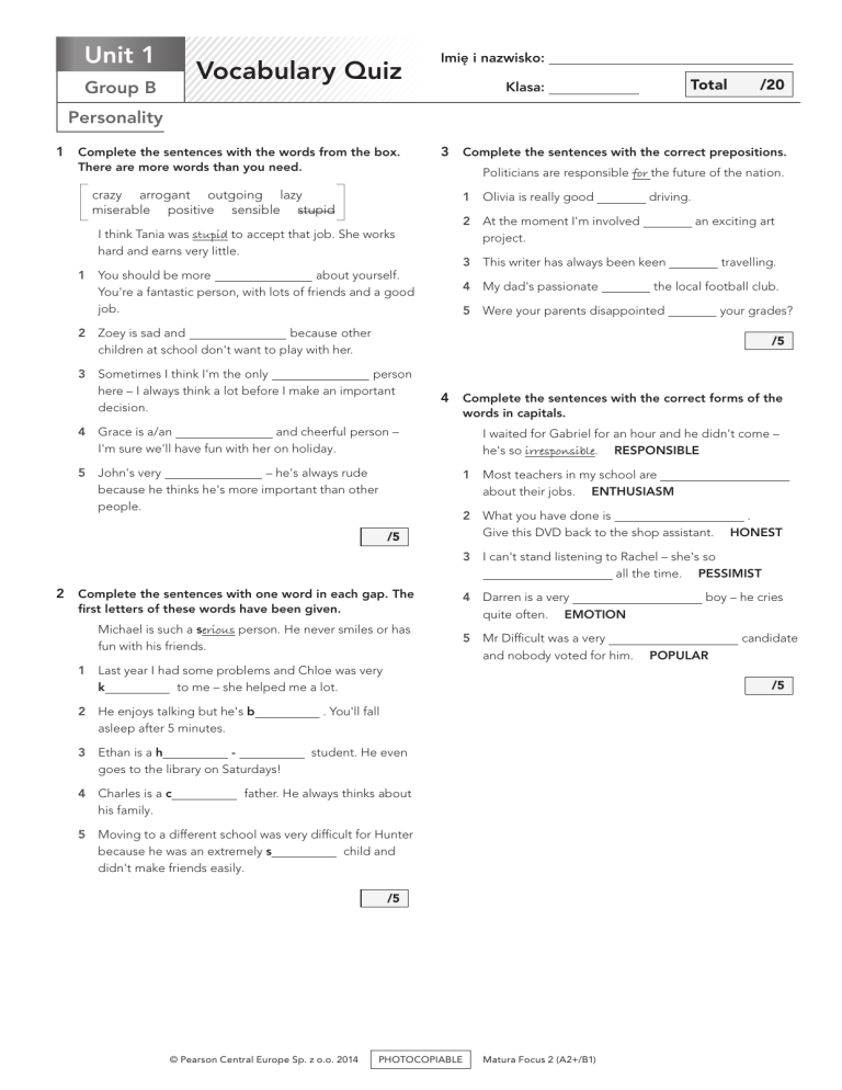 Vocabulary Quiz: Personality Adjectives & Prepositions
