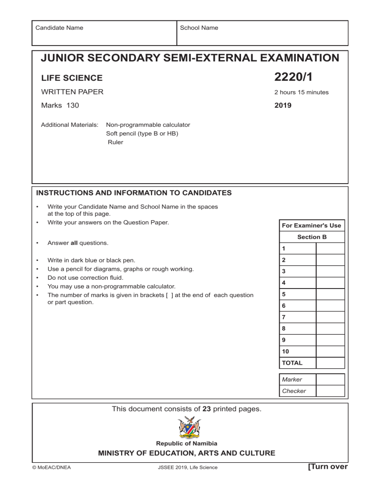 Life Science Exam Paper - Junior Secondary