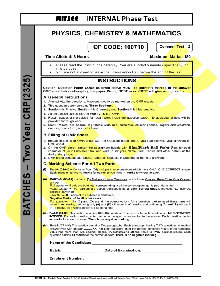 FIITJEE Phase Test: Physics, Chemistry, Mathematics