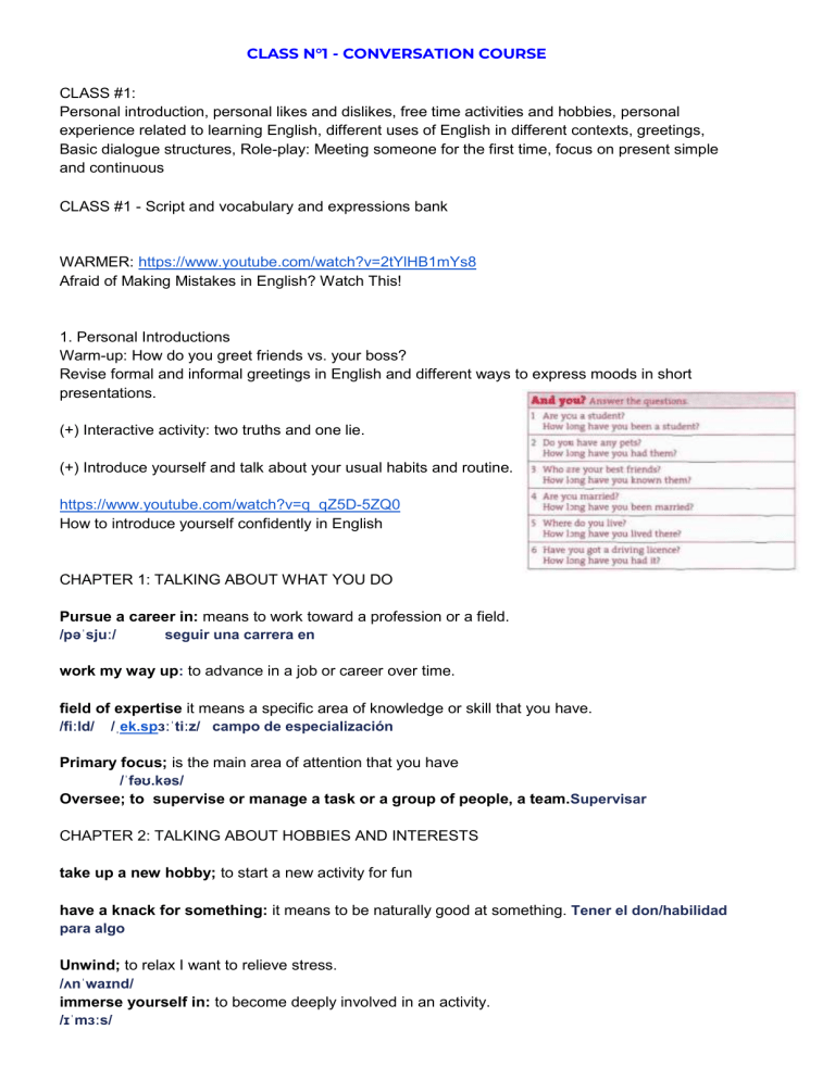 English Conversation Course: Class #1 - Introductions