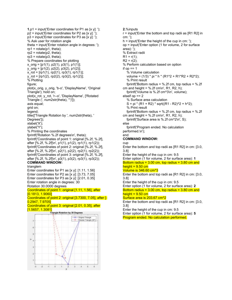 Matlab Code Triangle Rotation And Cup Calculations