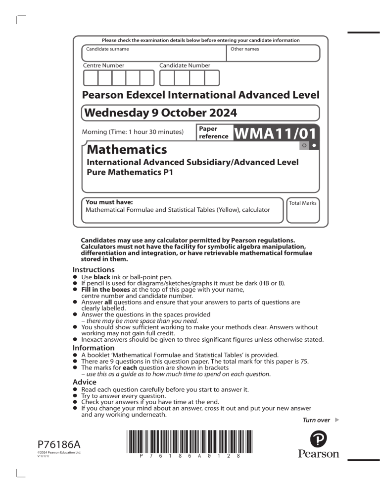 Pure Mathematics P1 Exam Paper - October 2024