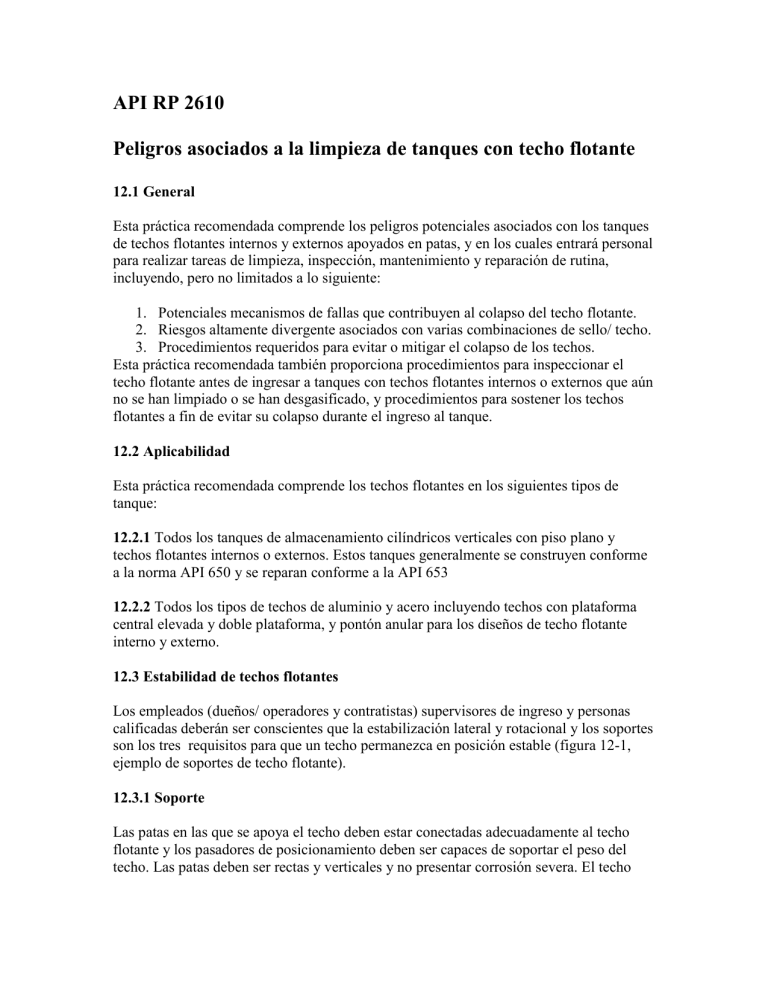 API RP 2610: Peligros en la limpieza de tanques de techo flotante