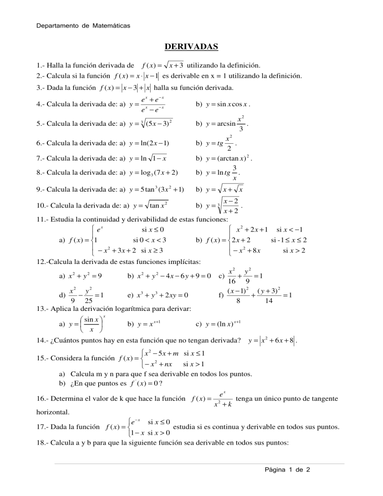 Hoja de Ejercicios de Derivadas en Cálculo