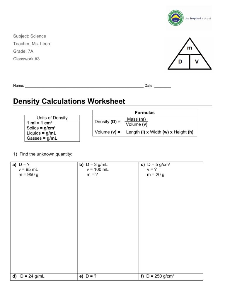 Density Calculations Worksheet - Grade 7 Science