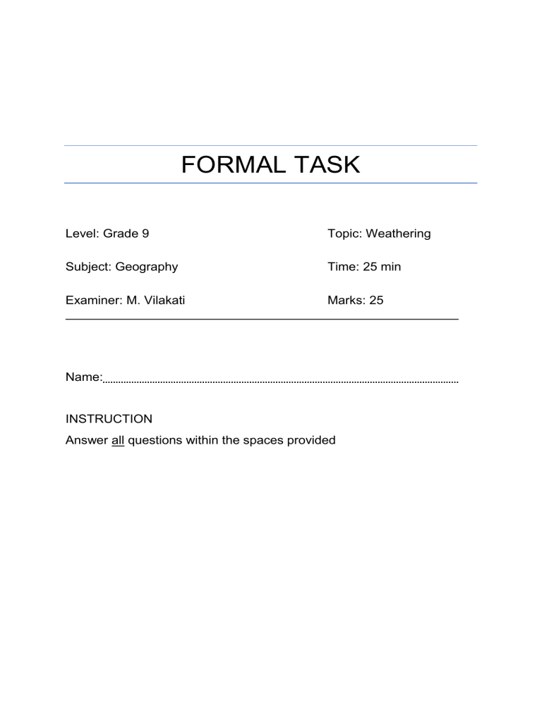 Grade 9 Geography: Weathering Exam