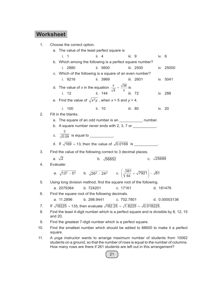 Square Roots & Perfect Squares Worksheet - Middle School Math
