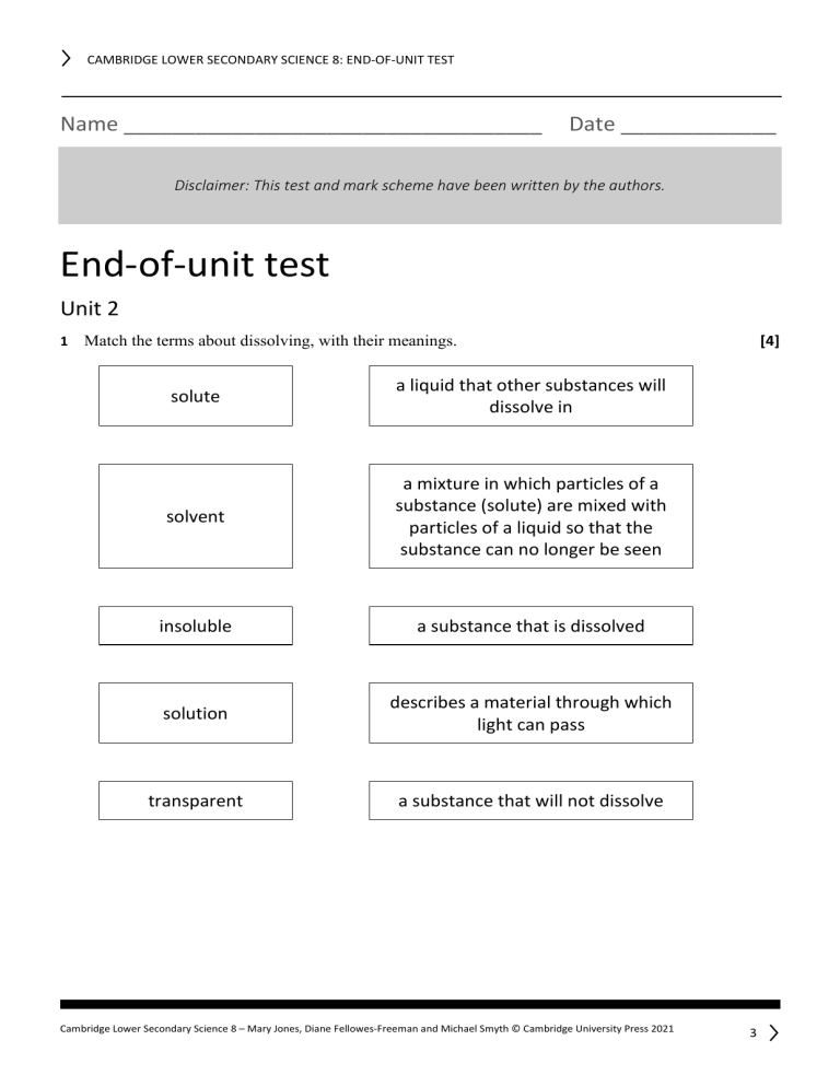Science 8: End-of-Unit Test - Dissolving & Solutions
