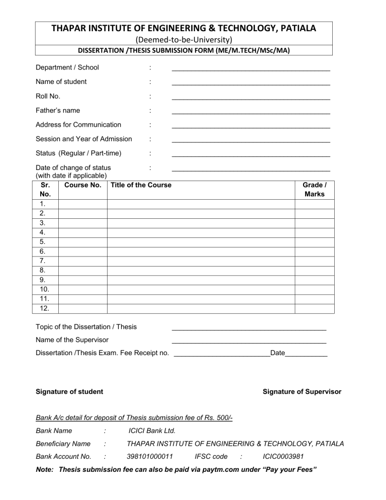Dissertation/Thesis Submission Form - Thapar Institute